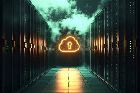 Neon Cloud Computing Security Symbol Glowing Inside Server Room Stock Image Image Of Office
