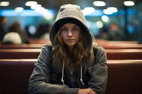 Premium Ai Image A Woman In A Hoodie Sitting On A Bench