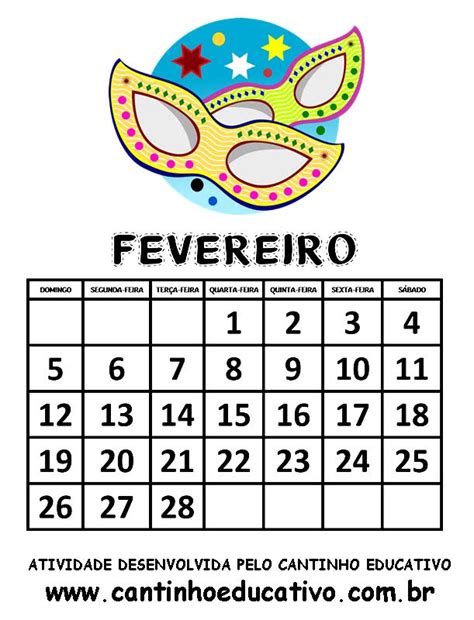 CalendÁrio Colorido 2023 Fevereiro Cantinho Educativo