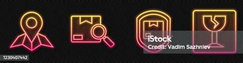 방패 지도 용지에 자리 표시자 검색 패키지 및 깨지기 쉬운 깨진 유리와 라인 배달 팩 보안을 설정합니다 빛나는 네온 아이콘입니다