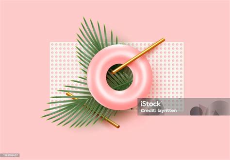 사실적인 물체 녹색 야자수 잎과 가지 둥근 토러스와 도넛 패턴 흰색 메쉬와 최소한의 3d 디자인 리얼리즘의 요소와 핑크와 산호 배경 벡터 일러스트레이션 3차원 형태에 대한