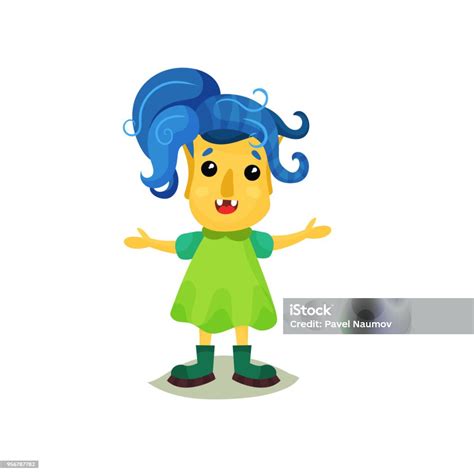 파란 머리와 노란색 피부 재미 있는 동화 문자 벡터 일러스트는 흰색 바탕에 사랑 스러운 소녀 트롤 귀여운에 대한 스톡 벡터 아트 및 기타 이미지 Istock