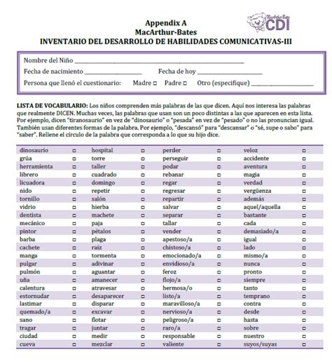 Cdi Forms Macarthur Bates Communicative Development Inventories