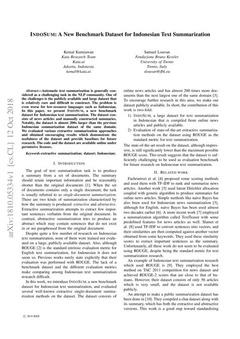 indosum a new benchmark dataset for indonesian text summarization deepai