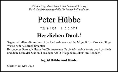 Traueranzeigen Von Peter Hübbe Trauer Anzeigende