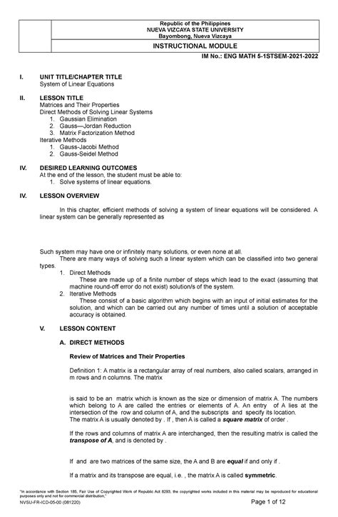 Im 3 System Of Linear Equations Nueva Vizcaya State University Bayombong Nueva Vizcaya