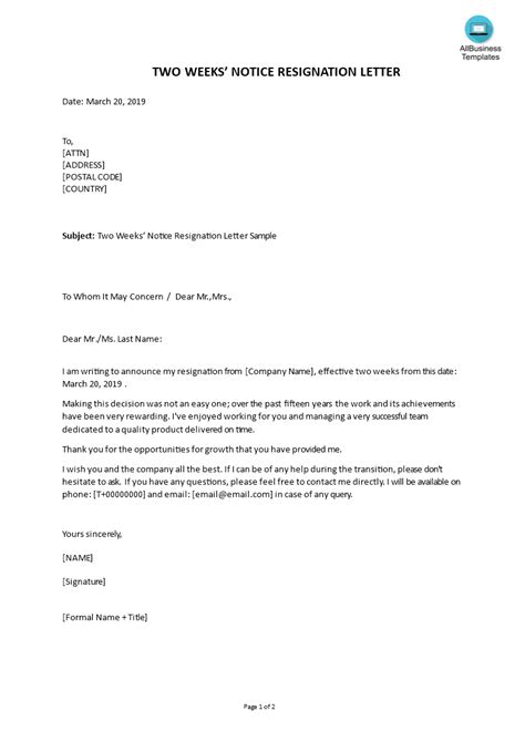 Two Weeks Notice Resignation Templates At Allbusinesstemplates