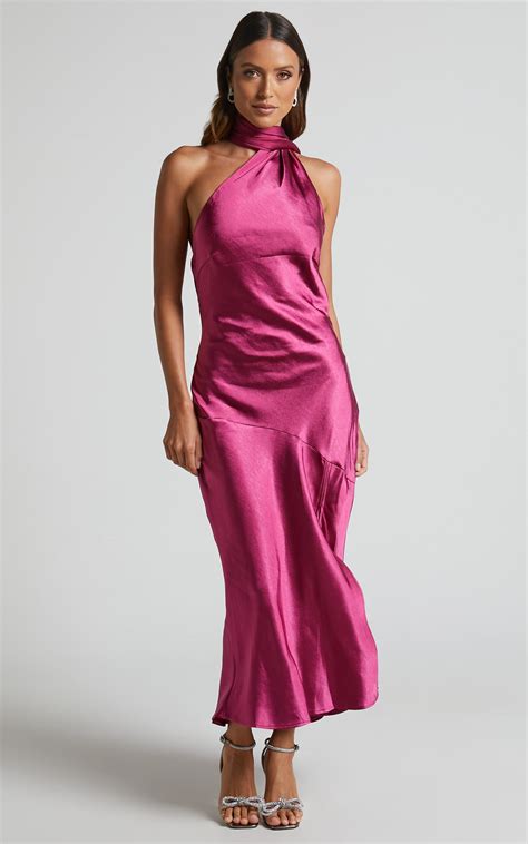 Evana Midi Dress High Asymmetrical Neck Satin Slip Dress In Fuschia
