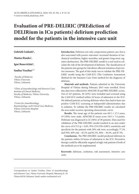 Pdf Evaluation Of Pre Deliric Prediction Of Delirium In Icu Patients