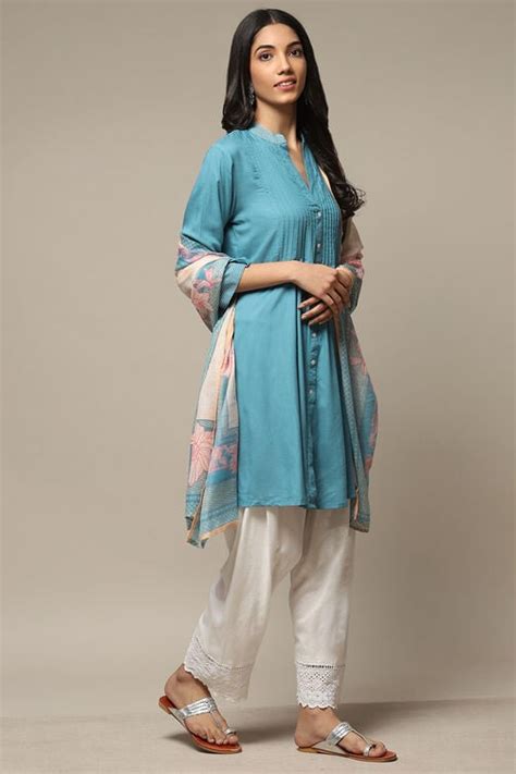 Turquoise Rayon Straight Kurta Salwar Suit Set