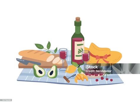 피크닉 음식과 음료 와인 한 병 칼 아보카도와 체리 여성 모자와 나무 보드에 빵을 잘라 오픈 레드 와인 안경 과 나사 오프너 벡터 체크 냅킨 와인에 대한 스톡 벡터 아트 및