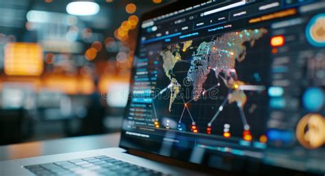 World Map Data Visualization On Laptop Screen In Modern Workspace During Evening Stock Image