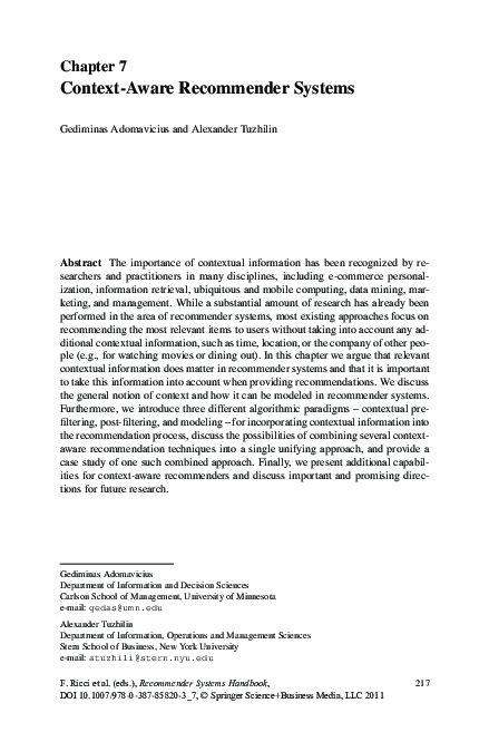 Pdf Context Aware Recommender Systems