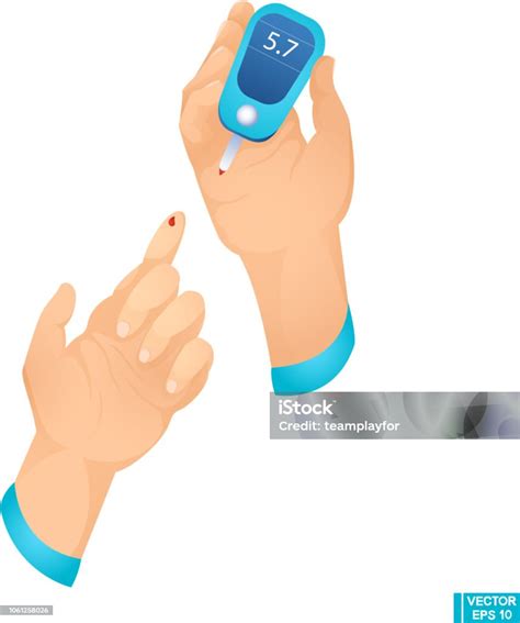 벡터 일러스트입니다 만화 당뇨병 개념입니다 인간의 손 Glucometer 테스트 요소를 들고입니다 만화에 대한 스톡 벡터 아트