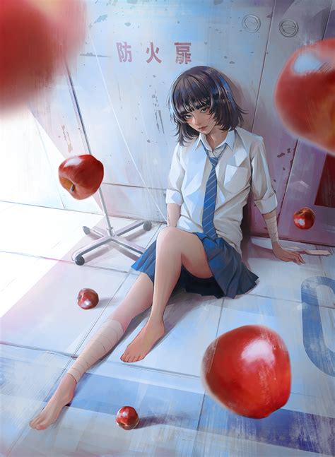 Safebooru 1girl Apple Bandaged Hand Bandaged Leg Bandages Barefoot