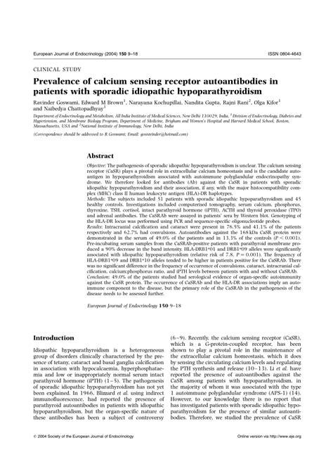 Pdf Prevalence Of Calcium Sensing Receptor Autoantibodies In Patients