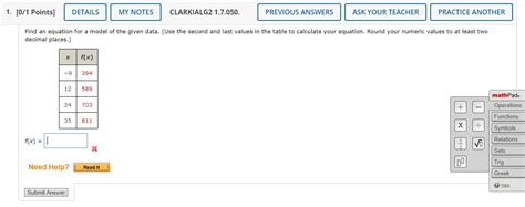 solved find an equation for a model of the given data use