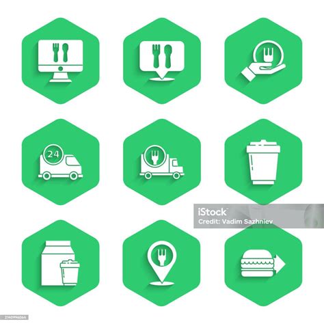 자동차로 빠른 배송 카페 및 레스토랑 위치 온라인 주문 햄버거 커피 컵 테이크아웃 및 아이콘을 설정합니다 벡터 개념에 대한 스톡 벡터 아트 및 기타 이미지 Istock