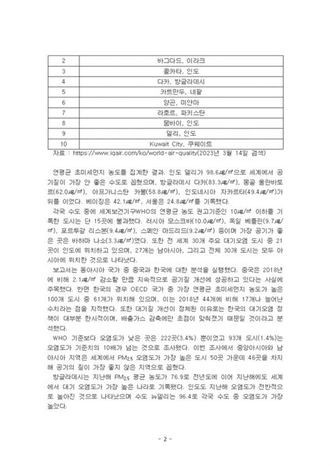 2023년 1학기 생명과환경 중간시험과제물 공통1미세먼지 평균 농도가 가장 높은 도시 중간기말과제