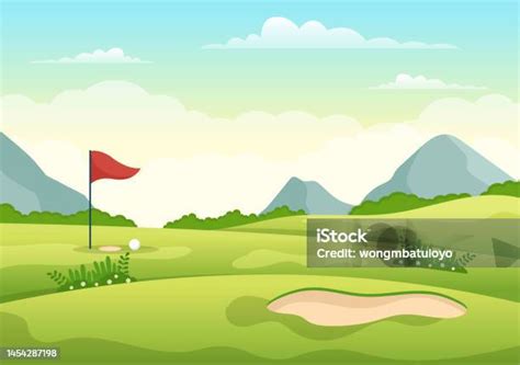 깃발 카트 막대기 녹색 필드 및 모래 벙커가 있는 골프 스포츠 삽화는 평평한 만화 손으로 그린 템플릿에서 야외 재미 또는 라이프스타일을 제공합니다 경쟁에 대한 스톡 벡터