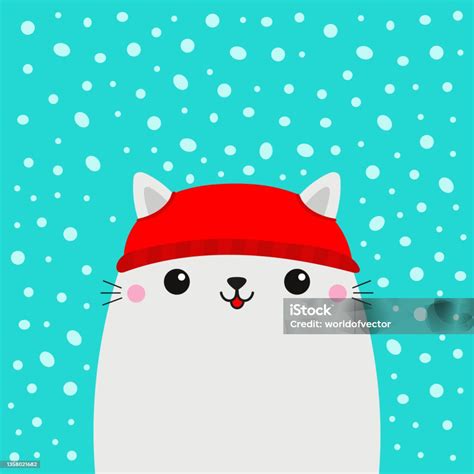흰색 고양이 새끼 고양이 키티 머리 얼굴 빨간 모자 즐거운 성탄절 새해 복 많이 받으세요 인사말 카드 귀여운 만화 가와이 아기