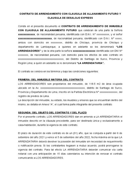Contrato De Alquiler Con Clausula De Desalojo Modelo Pdf Derecho