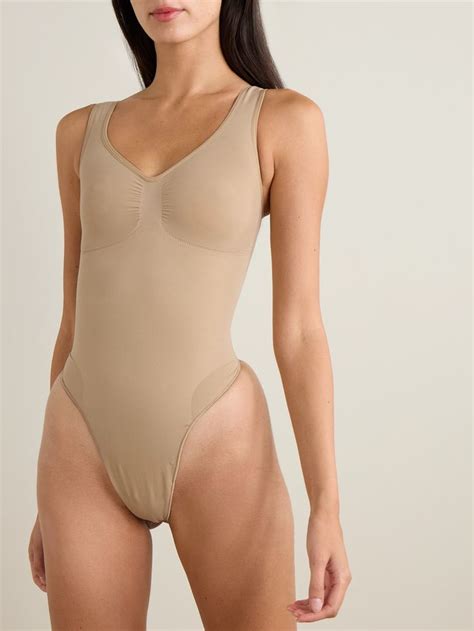Skims Seamless Sculpt Scoop Neck Thong Bodysuit Clay Beachwear Tops