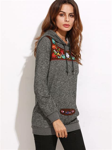 Grey Marled Knit Hoodie With Embroidered Patch Detail Sheinsheinside