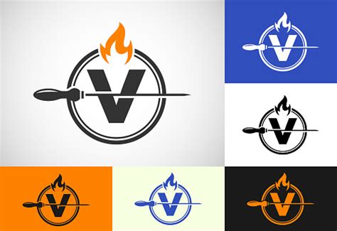 꼬치와 불 불꽃이 있는 이니셜 V 문자 알파벳 바베큐 시크 케밥 등을 위한 로고 디자인 고기에 대한 스톡 벡터 아트 및 기타