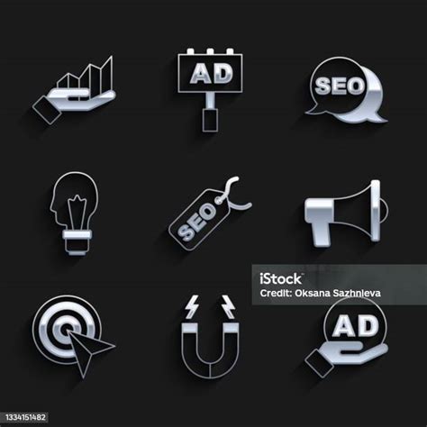 Seo 최적화 자석 광고 메가폰 타겟 아이디어 개념의 전구 원형 차트 인포그래픽 아이콘 을 설정합니다 벡터 0명에 대한 스톡 벡터 아트 및 기타 이미지 Istock