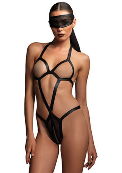 2pcopen Cup Bondage Teddy Wcrotchless Pantyeye Mask In Black