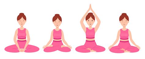 연꽃 포즈 세트입니다 젊은 여성은 다양한 포즈로 앉아서 심호흡이나 요가를 연습합니다 요가 아사나 건강한 라이프스타일 플랫 만화 캐릭터 벡터 일러스트 레이 션 개체 그룹에