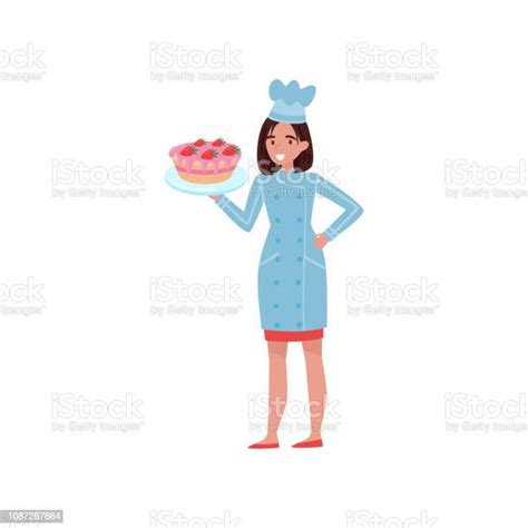 맛 있는 케이크 접시를 들고 쾌활 한 여자입니다 작업 유니폼에 젊은 베이커 그리고 요리사의의 모자 평면 벡터 디자인 명랑한에