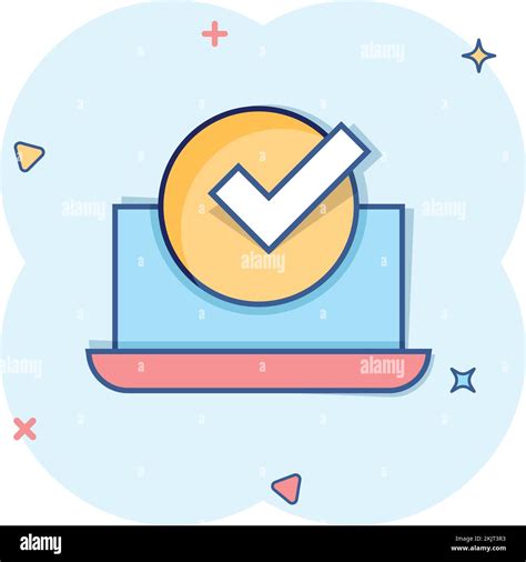 Laptop Check Mark Icon In Comic Style Computer Approval Cartoon Vector