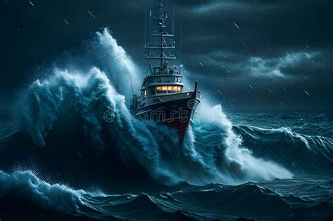 Ship Being Tossed At Sea During Storm Generative Ai Stock Illustration