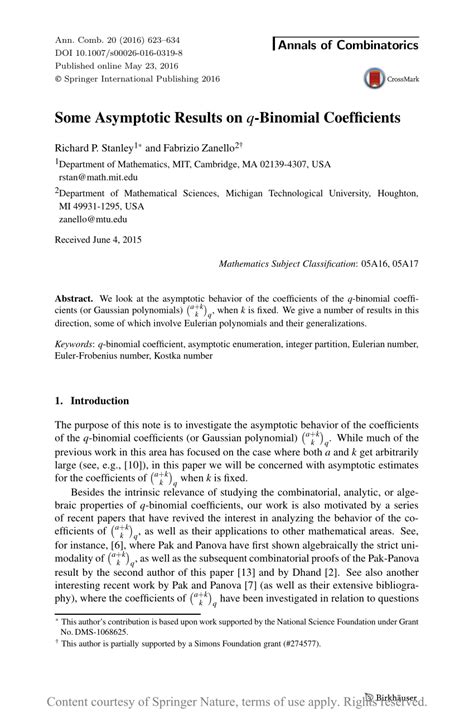 Some Asymptotic Results On Q Binomial Coefficients Request Pdf