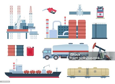 석유 산업 및 가스 생산 요소 정유 및 시추 플랫폼 연료 운송 탱크 트럭 및 선박 석유 리그 벡터 세트 식용유에 대한 스톡 벡터 아트 및 기타 이미지 Istock
