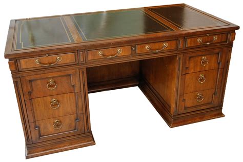 Vintage Walnut Leather Top Executive Desk By Sligh Ebth