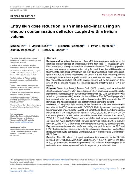 Pdf Entry Skin Dose Reduction In An Inline Mri‐linac Using An Electron Contamination Deflector