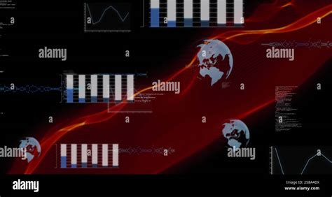 Image Of Red Network Wave Over Globes And Graphs Processing Data On
