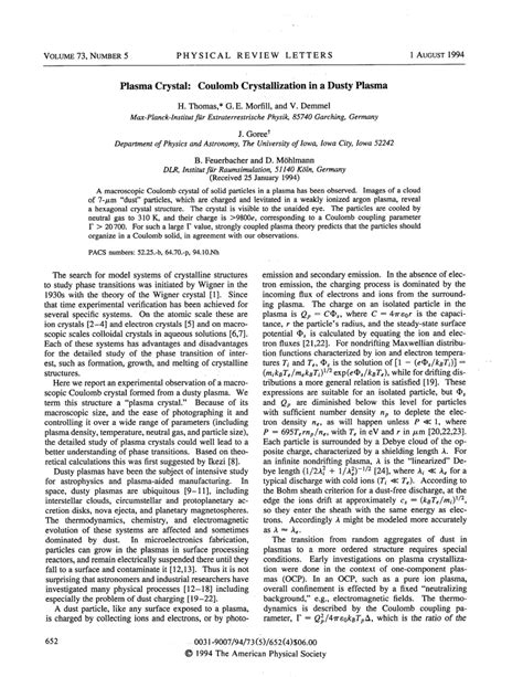 Pdf Plasma Crystal Coulomb Crystallization In A Dusty Plasma