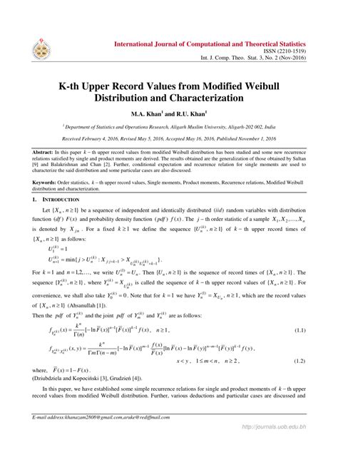 pdf k th upper record values from modified weibull distribution and