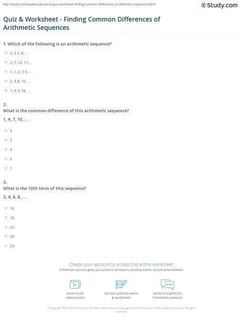 Quiz And Worksheet Finding Common Differences Of Arithmetic Sequences