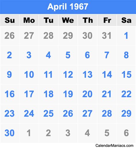 April 1967 Calendar