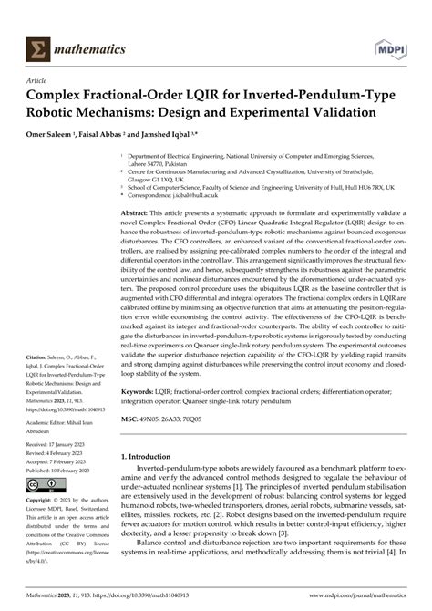 Pdf Complex Fractional Order Lqir For Inverted Pendulum Type Robotic