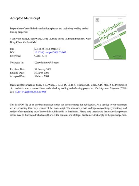 Pdf Preparation Of Crosslinked Starch Microspheres And Their Drug Loading And Releasing Properties