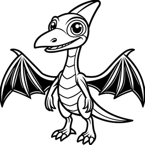 Cartoon Pteranodon Dinosaur Lineart Vector Illustration Linocut