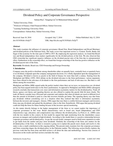Pdf Dividend Policy And Corporate Governance Perspective