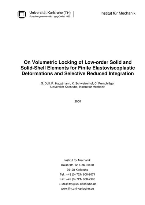 Pdf On Volumetric Locking Of Low Order Solid And Solid Shell Elements For Finite