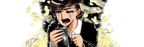 복고풍 쇼와 스타일의 만화 소년이 스마트 폰을 사용하여 높은 추가 수입에 기뻐하는 와이드 사이즈 삽화 검정 머리에 대한 스톡